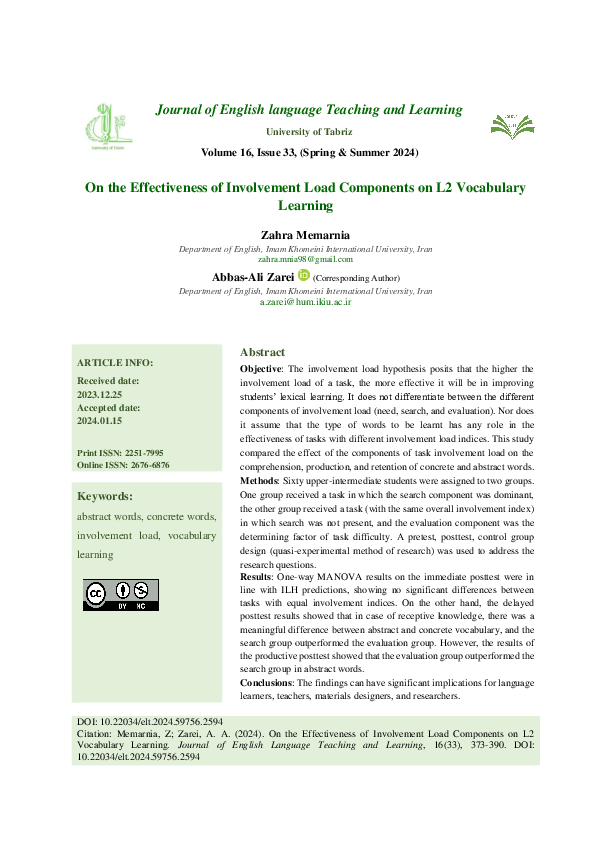 (PDF) On the Effectiveness of Involvement Load Components on L2 Vocabulary Learning