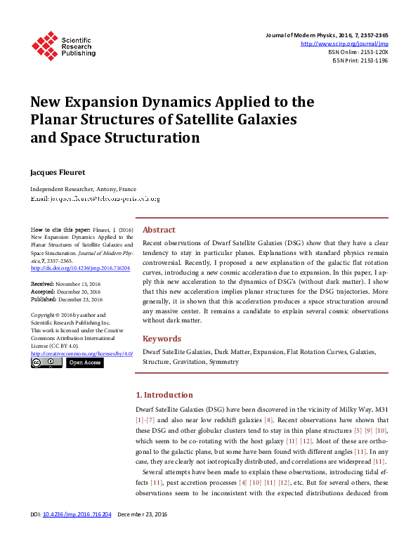 (PDF) New Expansion Dynamics Applied to the Planar Structures of Satellite Galaxies and Space ...