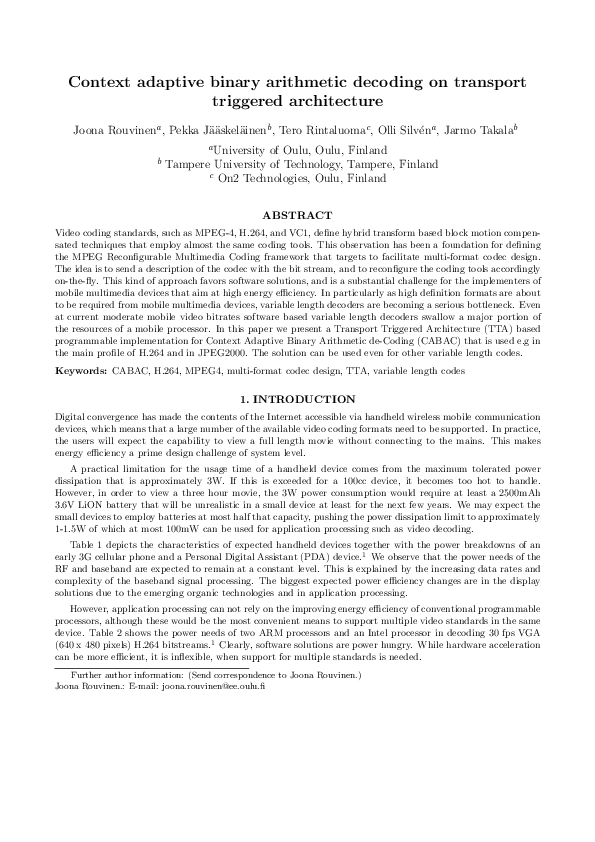 Pdf Context Adaptive Binary Arithmetic Decoding On Transport Triggered Architectures Reiner