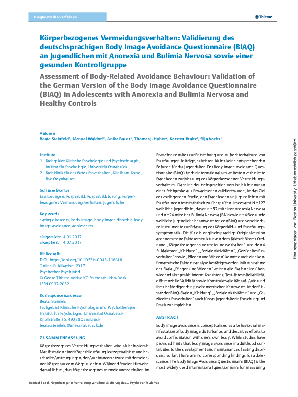 (PDF) Körperbezogenes Vermeidungsverhalten: Validierung des ...