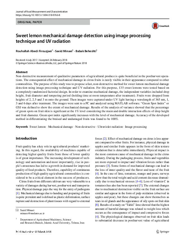(PDF) Sweet lemon mechanical damage detection using image processing technique and UV radiation