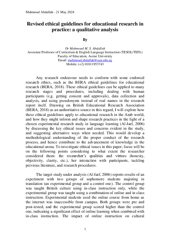(PDF) Revised ethical guidelines for educational research in practice ...