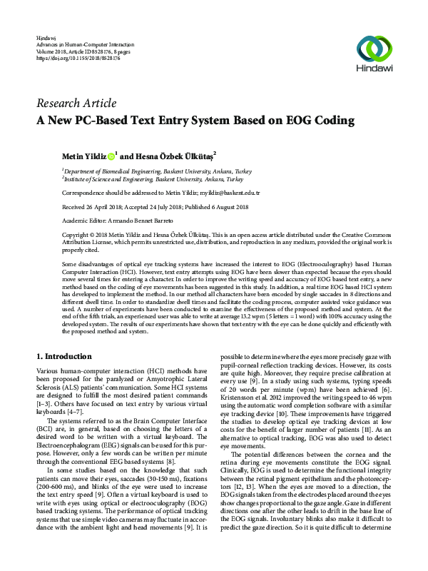 (PDF) A New PC-Based Text Entry System Based on EOG Coding