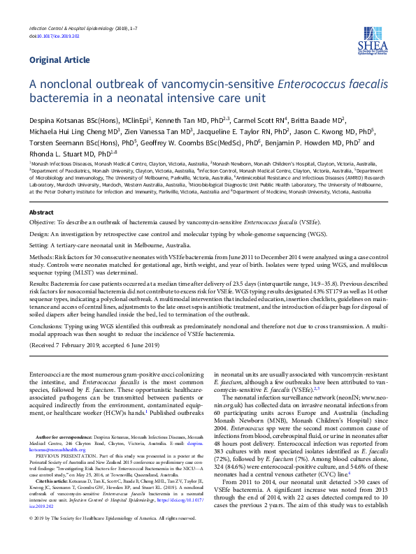 (PDF) A nonclonal outbreak of vancomycin-sensitive Enterococcus ...