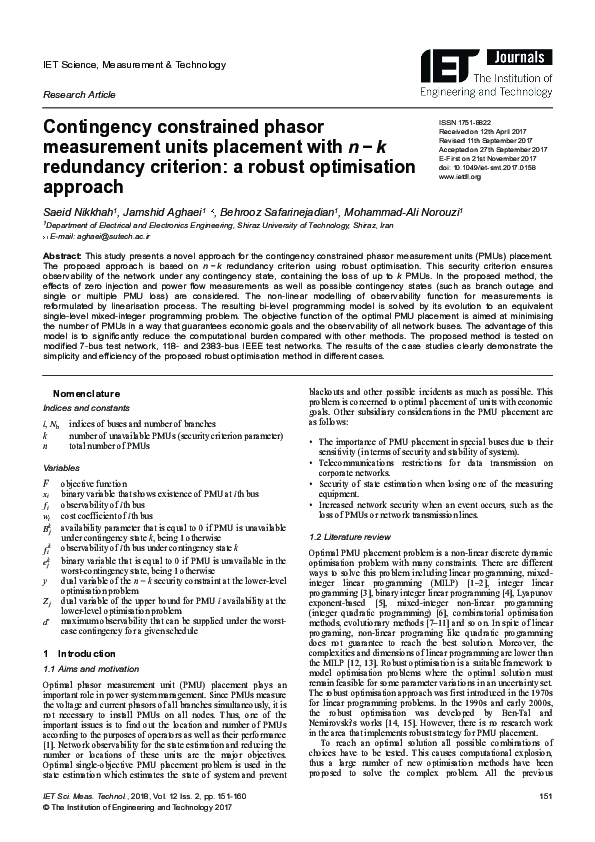 Pdf Contingency Constrained Phasor Measurement Units Placement With N − K Redundancy Criterion