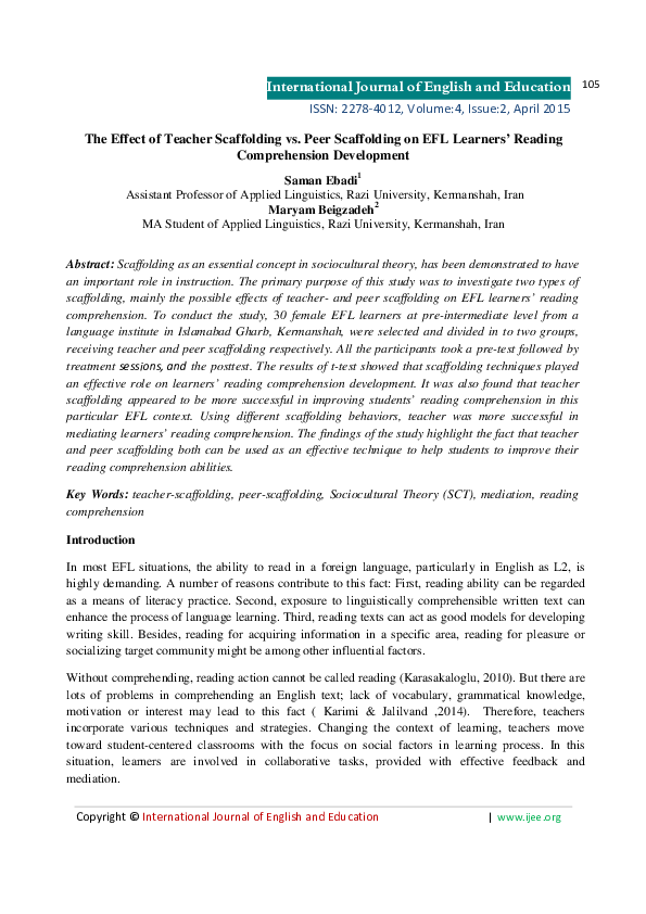 (PDF) The Effect of Teacher Scaffolding vs. Peer Scaffold ing on EFL Learners' Reading ...