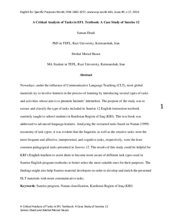 (PDF) Critical Analysis of Tasks in EFL Textbook : A Case Study of ...