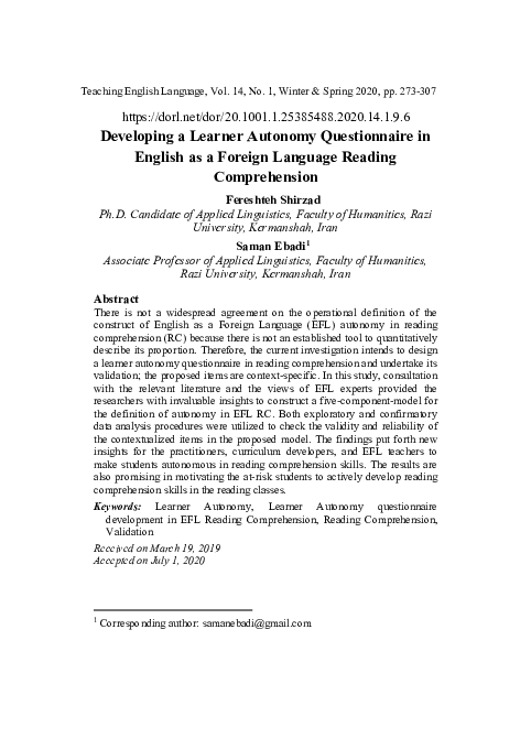 (PDF) Developing a Learner Autonomy Questionnaire in English as a ...
