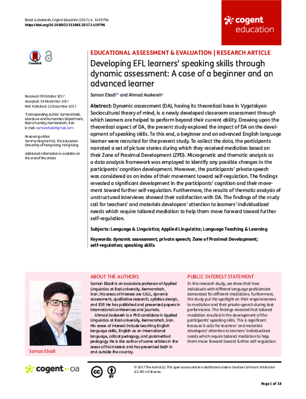 (PDF) Developing EFL learners’ speaking skills through dynamic assessment: A case of a beginner ...