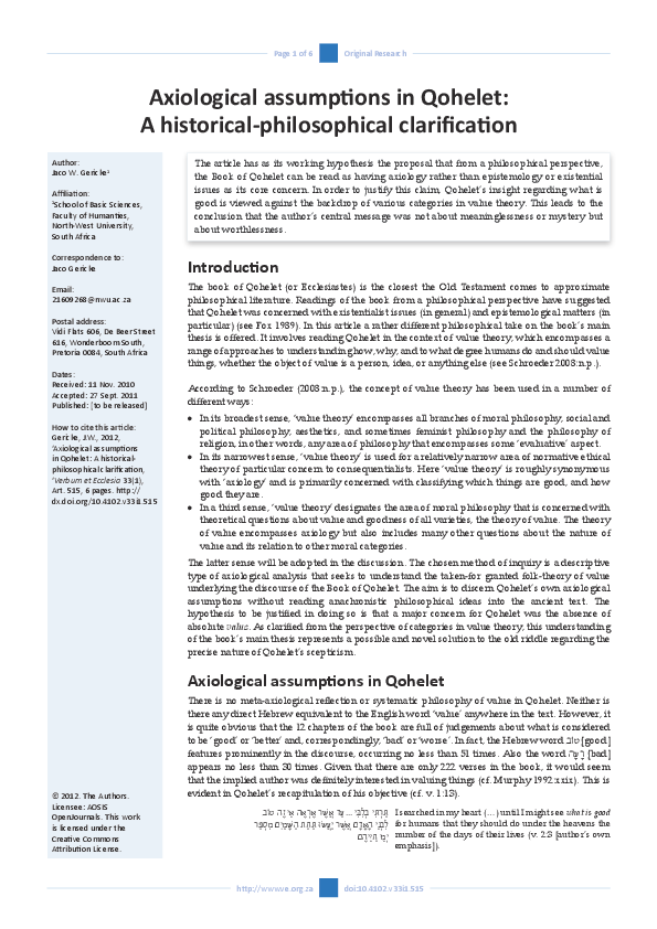 (PDF) Axiological assumptions in Qohelet - a philosophical clarification