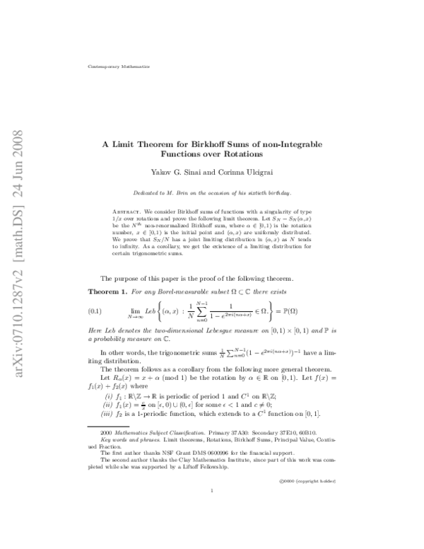 (PDF) A Limit Theorem for Birkoff sums of non-integrable functions over ...