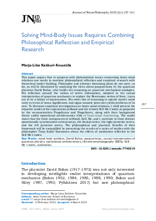 (PDF) Solving Mind-Body Issues Requires Combining Philosophical Reflection and Empirical Research