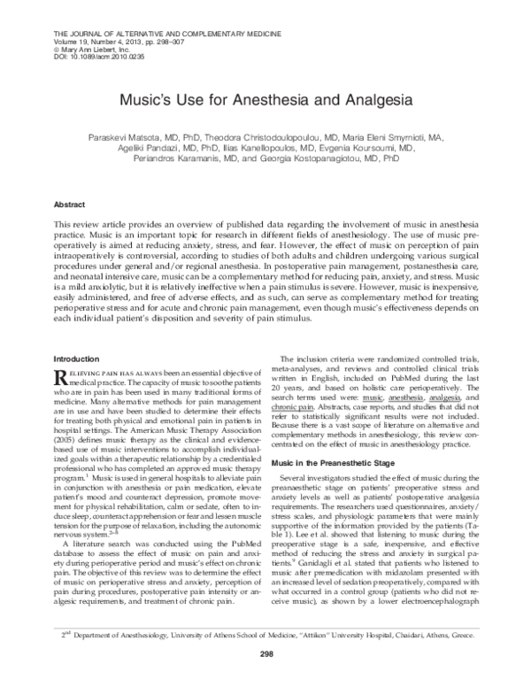 (PDF) Music's Use for Anesthesia and Analgesia