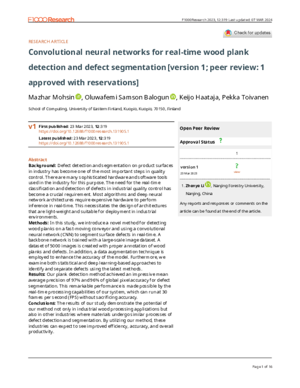 (PDF) Convolutional neural networks for real-time wood plank detection and defect segmentation