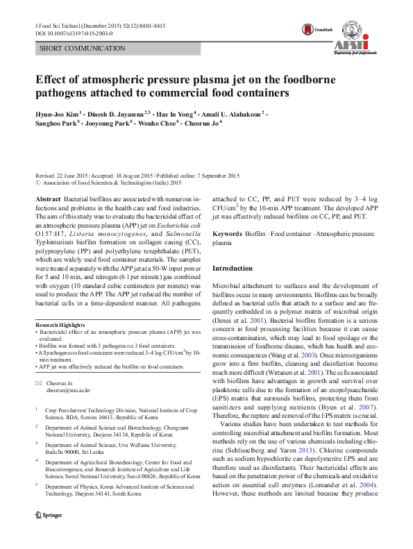 (PDF) Effect of atmospheric pressure plasma jet on the foodborne ...