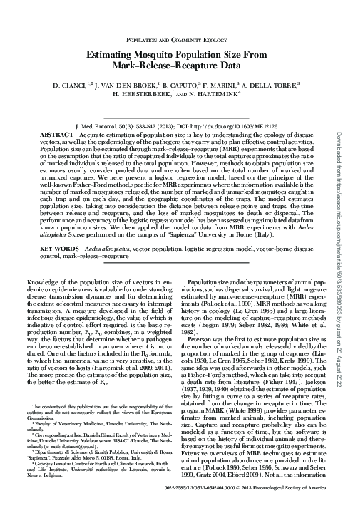 (PDF) Estimating Mosquito Population Size From Mark–Release–Recapture ...