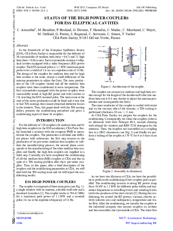 (PDF) Status of the High Power Couplers for ESS Elliptical Cavities