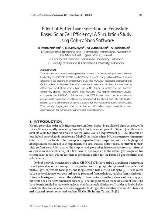 Pdf Effect Of Buffer Layer Selection On Perovskite Based Solar Cell Efficiency A Simulation