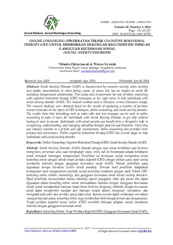 (PDF) ONLINE COUNSELING: PENDEKATAN TEKNIK COGNITIVE BEHAVIORAL THERAPY (CBT) UNTUK MEMBERIKAN ...