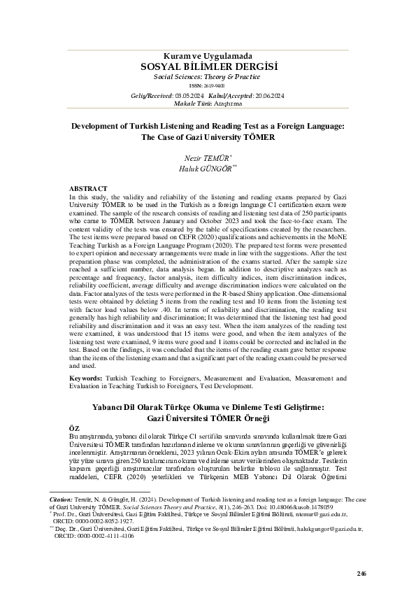 (PDF) Development of Turkish Listening and Reading Test as a Foreign ...