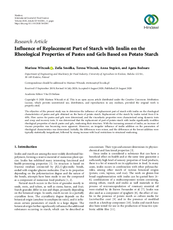 (PDF) Influence of Replacement Part of Starch with Inulin on the ...