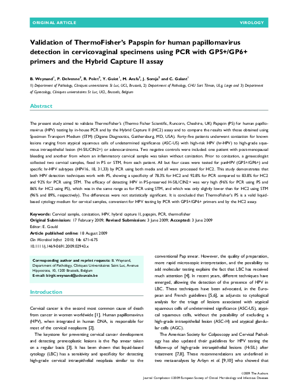(PDF) Validation of ThermoFisher’s Papspin for human papillomavirus detection in cervicovaginal ...