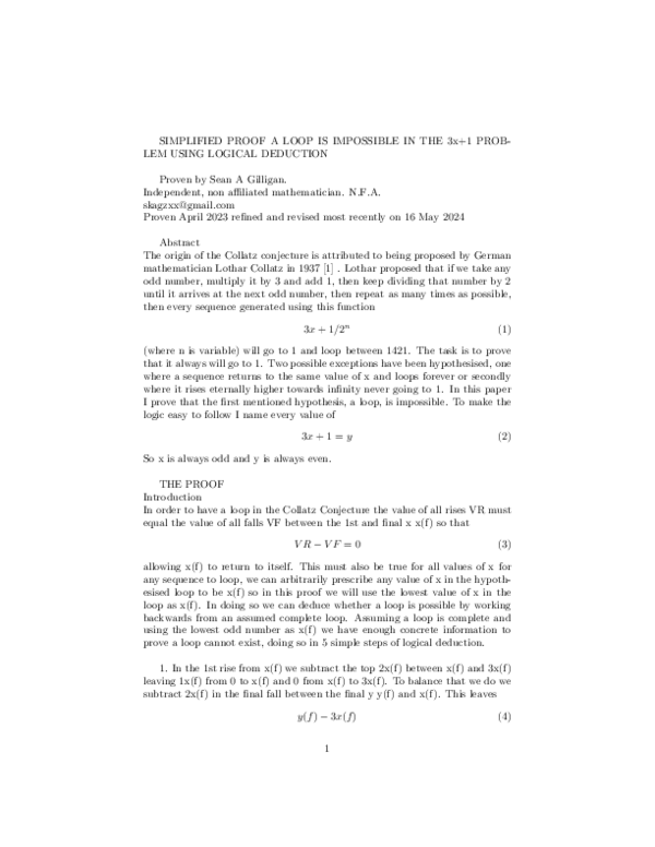 (PDF) SIMPLIFIED PROOF A LOOP IS IMPOSSIBLE IN THE 3x+1 PROB-LEM USING LOGICAL DEDUCTION Proven ...