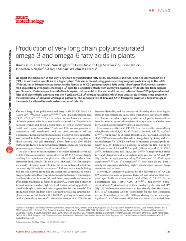 (PDF) Production of very long chain polyunsaturated omega-3 and omega-6 fatty acids in plants