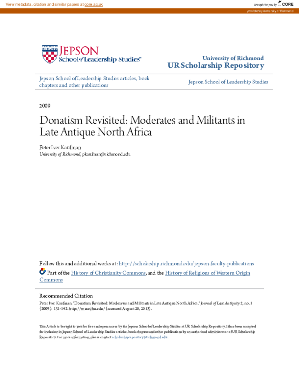 (PDF) Donatism Revisited: Moderates and Militants in Late Antique North ...