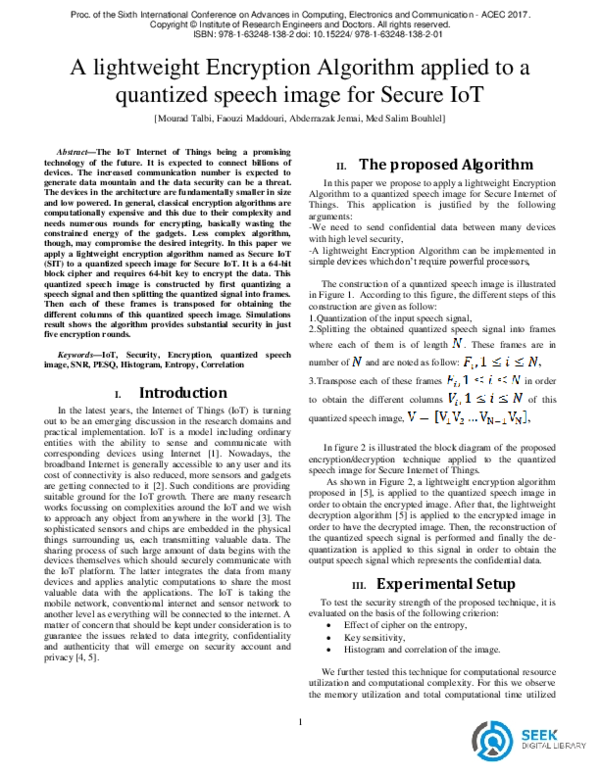 Pdf A Lightweight Encryption Algorithm Applied To A Quantized Speech
