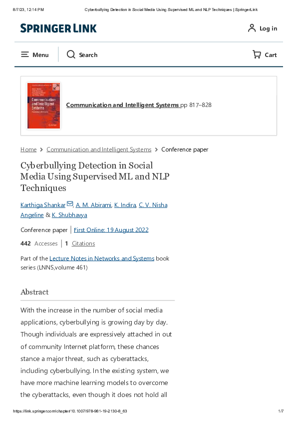 (PDF) Cyberbullying Detection in Social Media Using Supervised ML and NLP Techniques