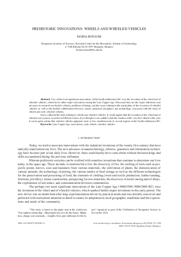 (PDF) Prehistoric innovations: Wheels and wheeled vehicles | Bondár ...