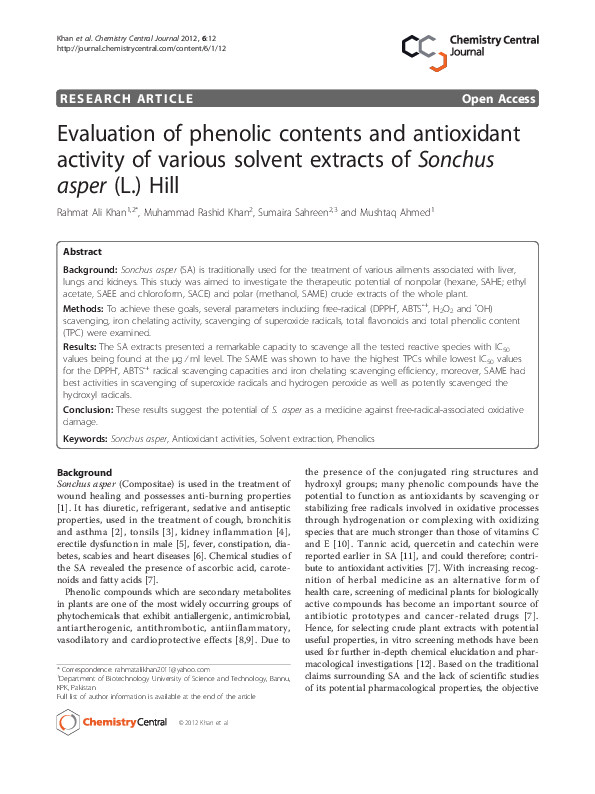(PDF) Evaluation of phenolic contents and antioxidant activity of various solvent extracts of ...