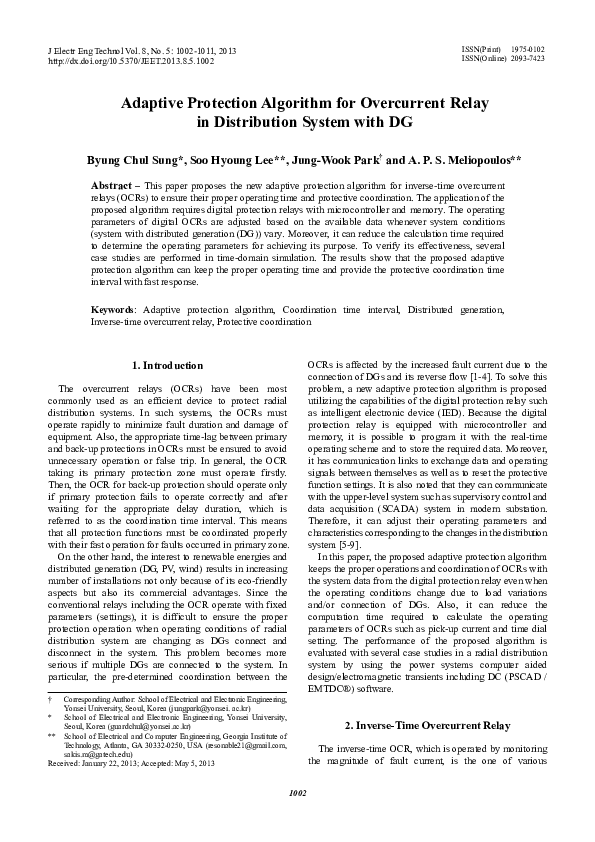 (PDF) Adaptive Protection Algorithm for Overcurrent Relay in Distribution System with DG