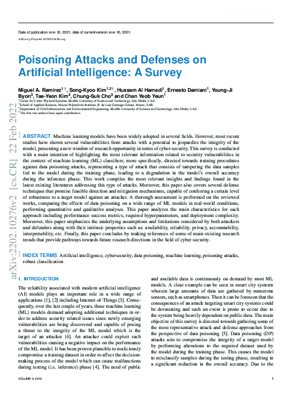 (PDF) Poisoning Attacks and Defenses on Artificial Intelligence: A Survey | Young-Ji Byon ...