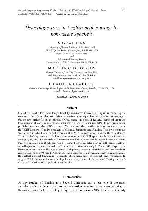 (PDF) Detecting errors in English article usage by non-native speakers | Claudia Leacock ...