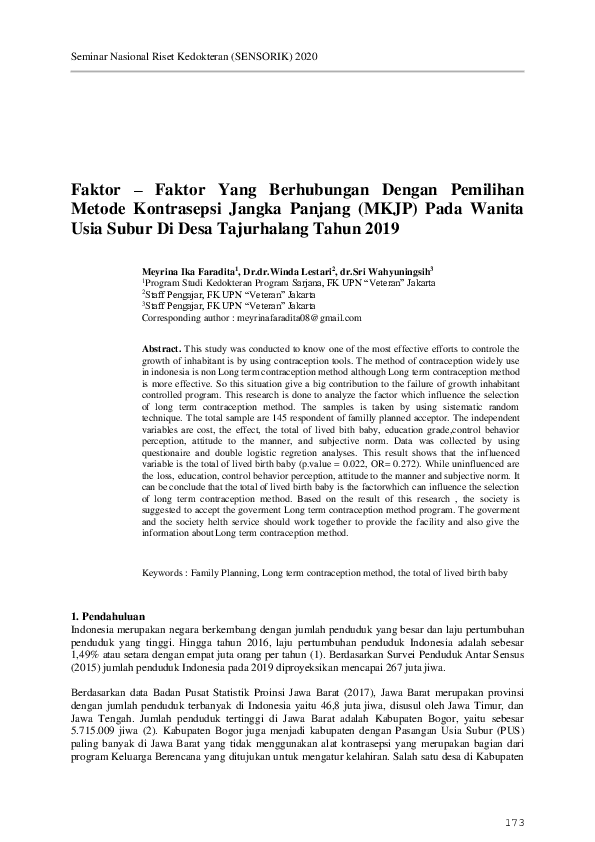 (PDF) Faktor-Faktor Yang Mempengaruhi Pemilihan Metode Kontrasepsi Jangka Panjang (MKJP) Di Desa ...