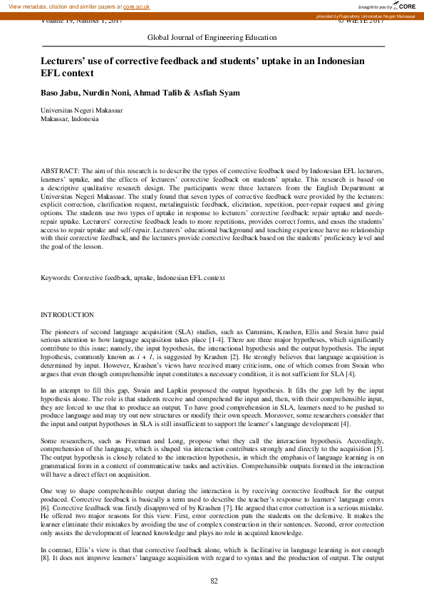 (PDF) Lecturers’ use of corrective feedback and students’ uptake in an ...