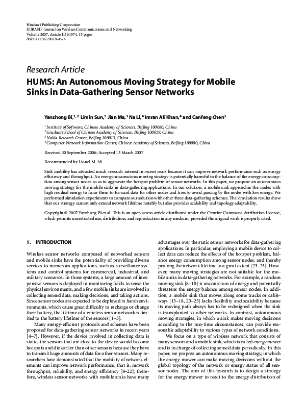 (PDF) HUMS: An Autonomous Moving Strategy for Mobile Sinks in Data-Gathering Sensor Networks