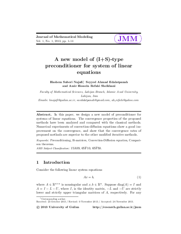 (PDF) A new model of (I+S)-type preconditioner for system of linear equations
