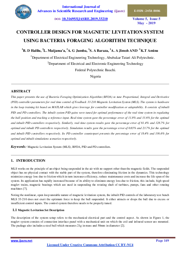 (PDF) Controller Design for Magnetic Levitation System Using Bacteria Foraging Algorithm Technique