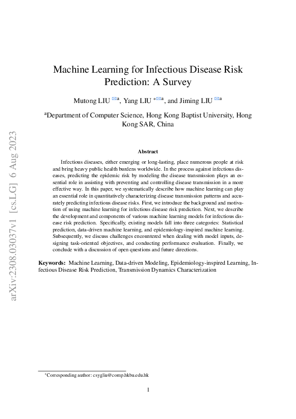 (PDF) Machine Learning for Infectious Disease Risk Prediction: A Survey