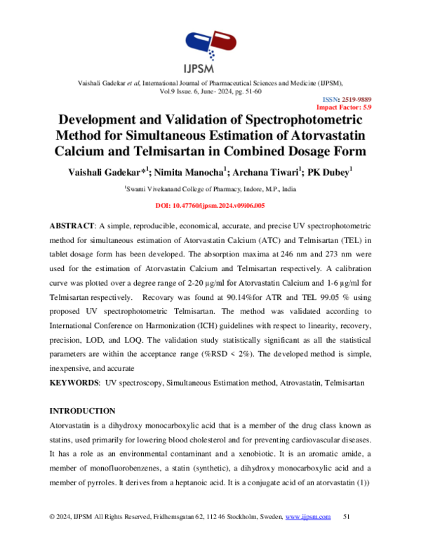 Pdf Development And Validation Of Spectrophotometric Method For Simultaneous Estimation Of