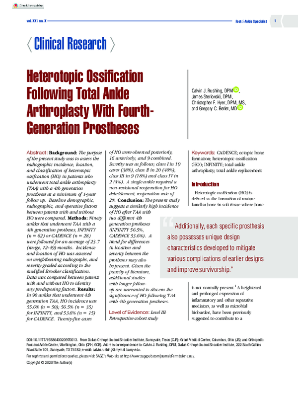 (PDF) Heterotopic Ossification Following Total Ankle Arthroplasty With Fourth-Generation Prostheses