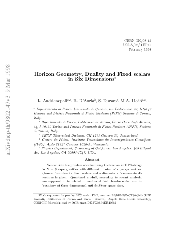 (PDF) Horizon geometry, duality and fixed scalars in six dimensions