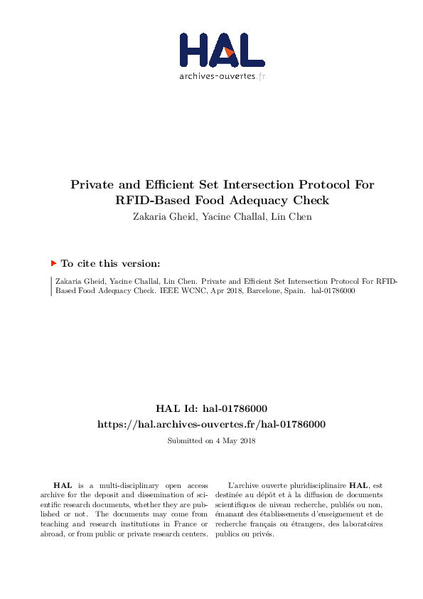 (PDF) Private and Efficient Set Intersection Protocol For RFID-Based Food Adequacy Check