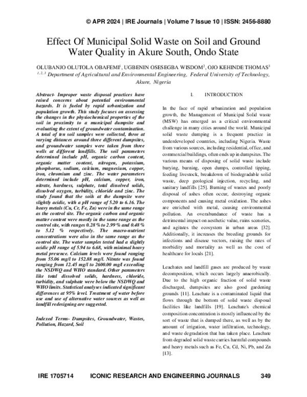 (PDF) Effect Of Municipal Solid Waste on Soil and Ground Water Quality in Akure South, Ondo ...