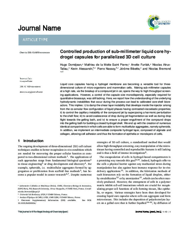 (PDF) Controlled production of sub-millimeter liquid core hydrogel ...