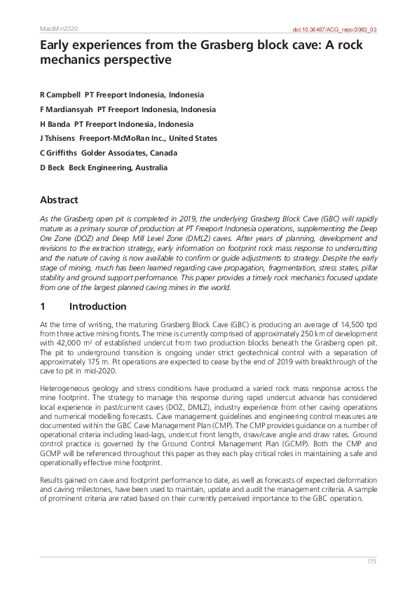 (PDF) Early experiences from the Grasberg block cave: A rock mechanics ...