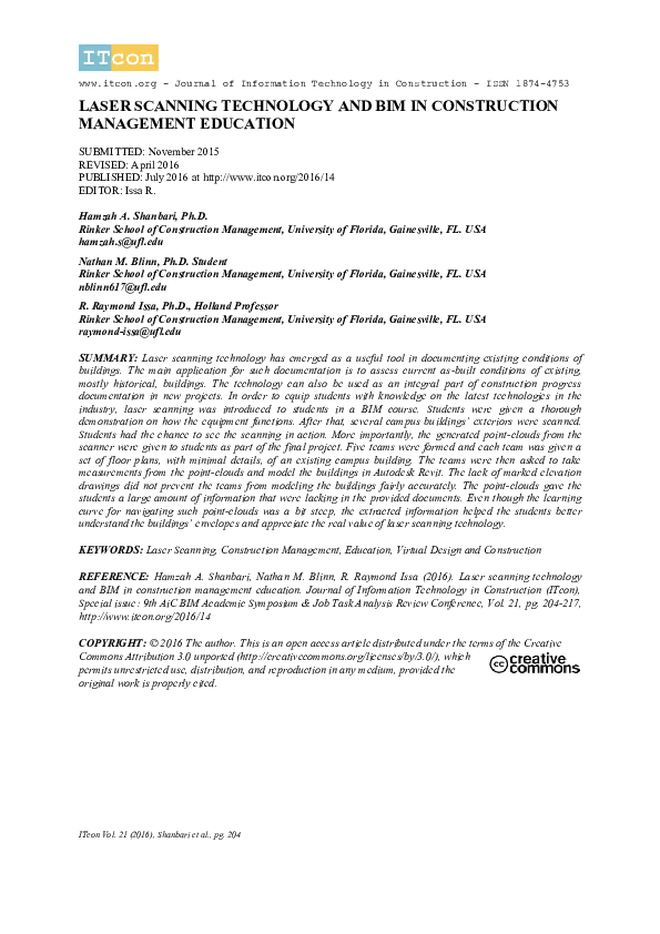 (PDF) Laser scanning technology and BIM in construction management education
